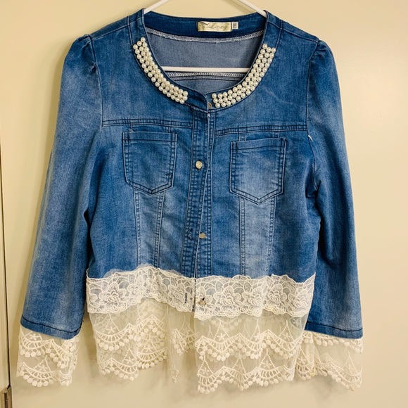 Jackets & Coats | Statement Jean Jacket With Lace And Pearls | Poshmark